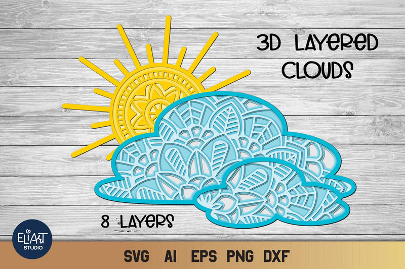 3d Layered Cloud Mandala SVG, Sun SVG and Clouds, Sun Rays in Clouds ...