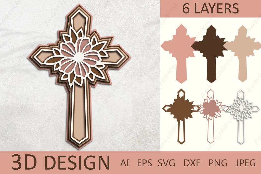 3d layered cross with flowers svg, 3d paper cutting floral cross - So ...