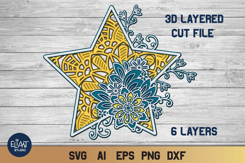 3D Layered Floral Star SVG, Celestial SVG, Star Mandala SVG, 6 Layers ...