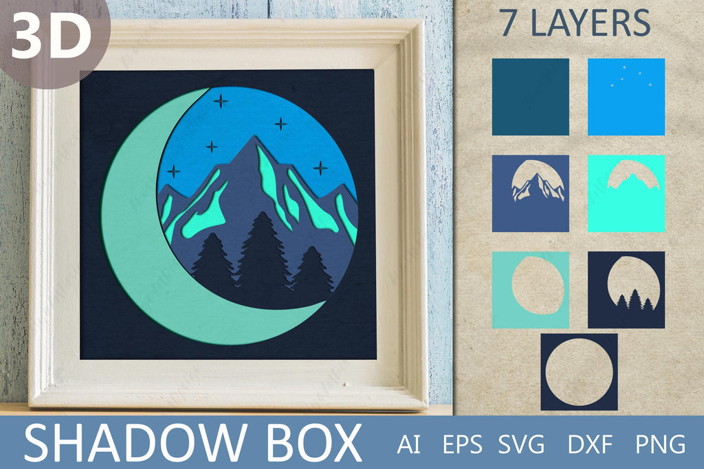3d layered papercut mountain, Shadow box svg, 3D wall decor - So Fontsy