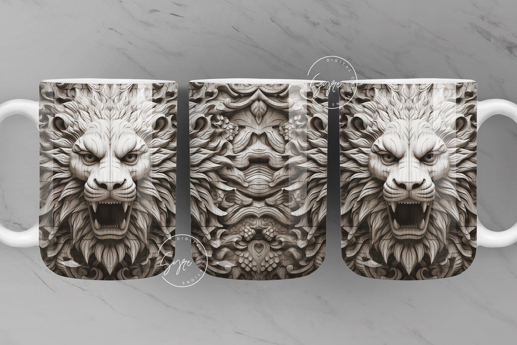3D Lion Mug, White Floral Mug Wrap, Lion Mug Design, 3D Flower Mug, 3D ...