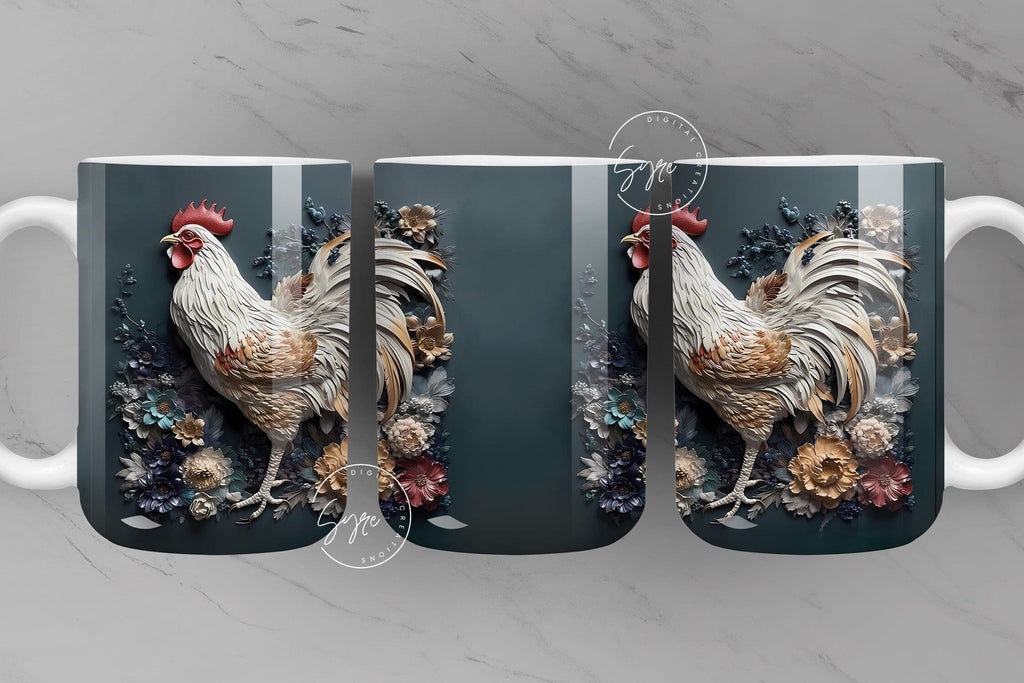 3D Rooster Mug, Floral Mug Wrap, Chicken Mug Design, 3D Flower Mug, 3D ...