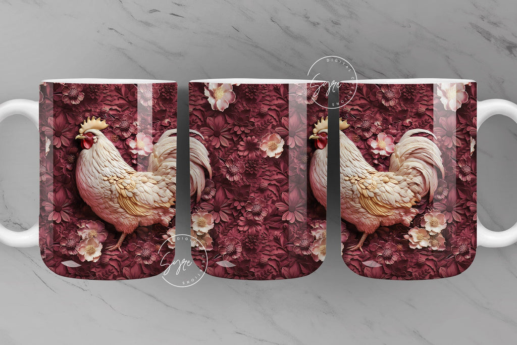 3D Rooster Mug, Floral Mug Wrap, Chicken Mug Design, 3D Flower Mug, 3D ...