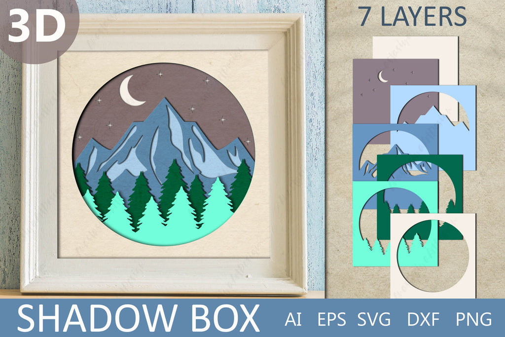 3d shadow box with mountain svg, Light box papercut layered template ...
