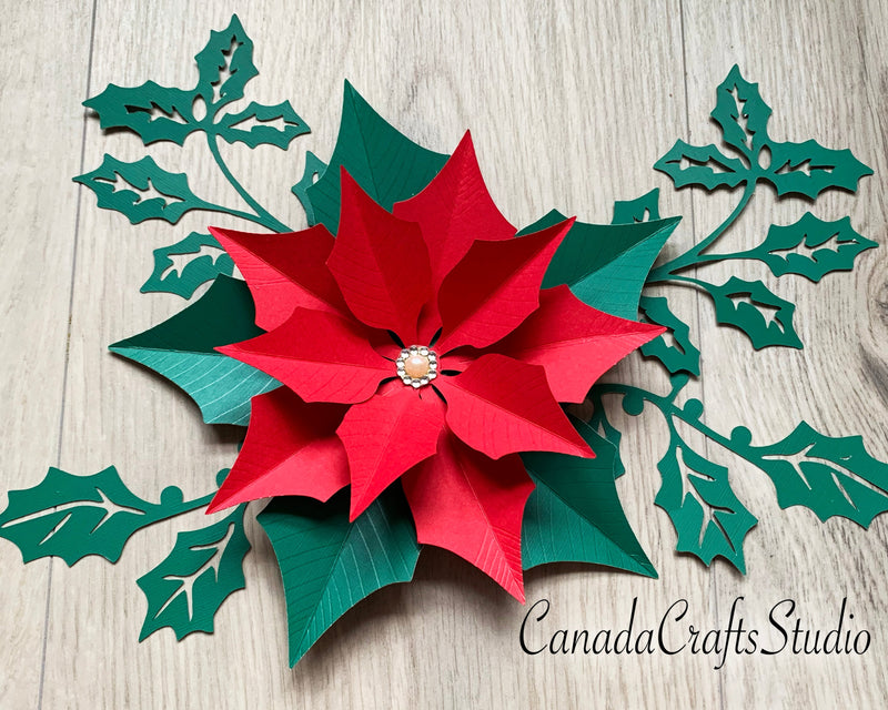 3D Small Poinsettia paper flower 1 with leaves - So Fontsy