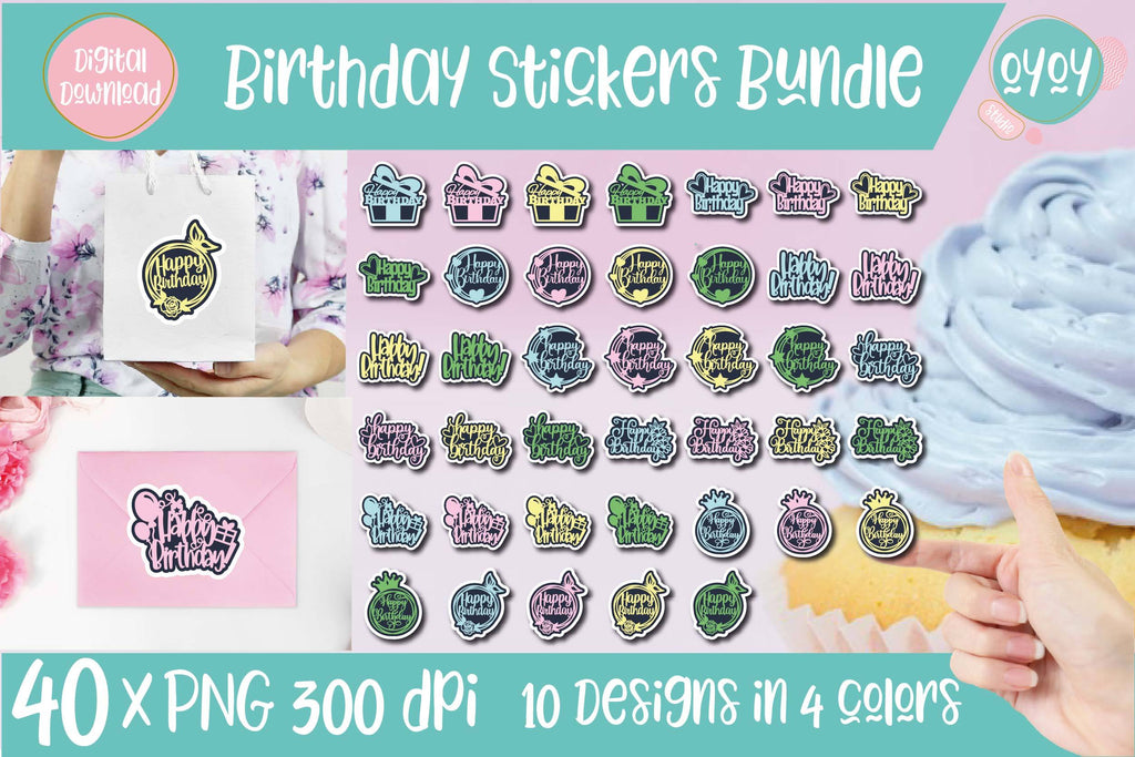 40 Printable Happy Birthday Digital Stickers Bundle - So Fontsy