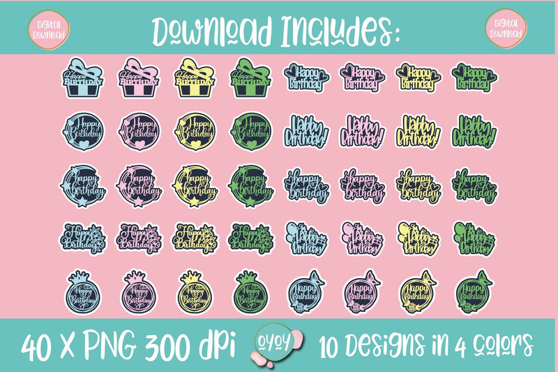 40 Printable Happy Birthday Digital Stickers Bundle - So Fontsy