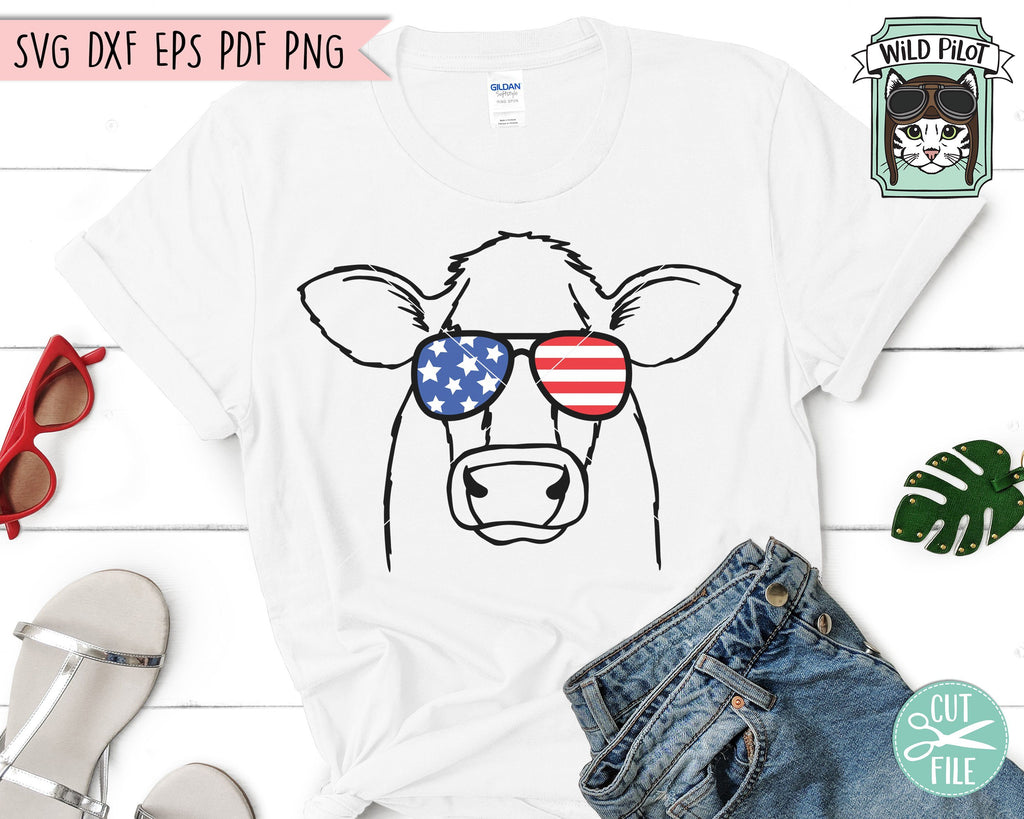 July 4th American Flag Cow Sunglasses SVG Cut File - So Fontsy