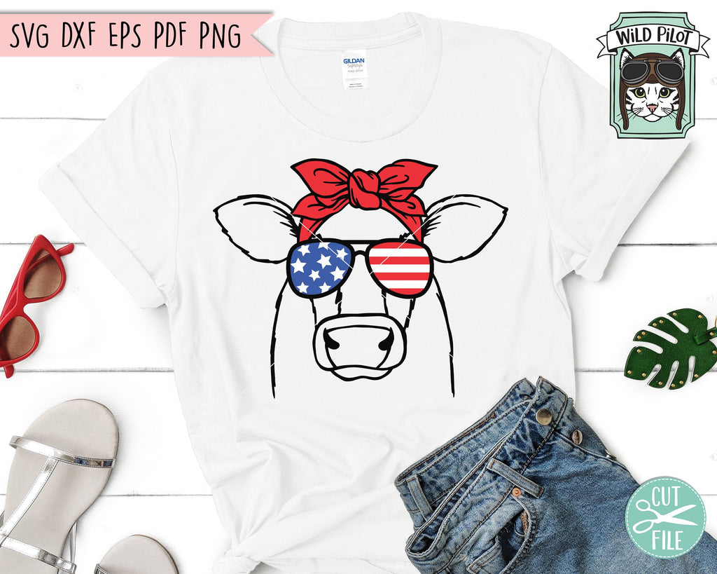 July 4th American Flag Cow Sunglasses With Bandana SVG Cut File - So Fontsy
