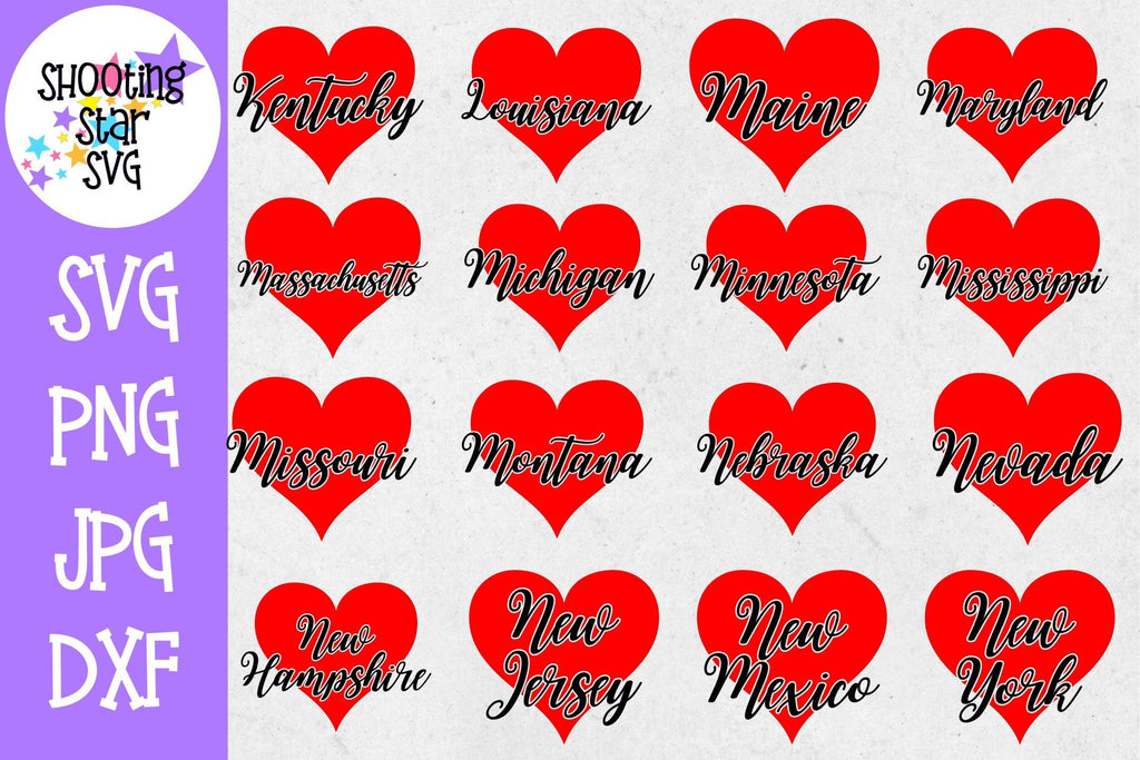 50 States Heart with State Name Bundle - So Fontsy