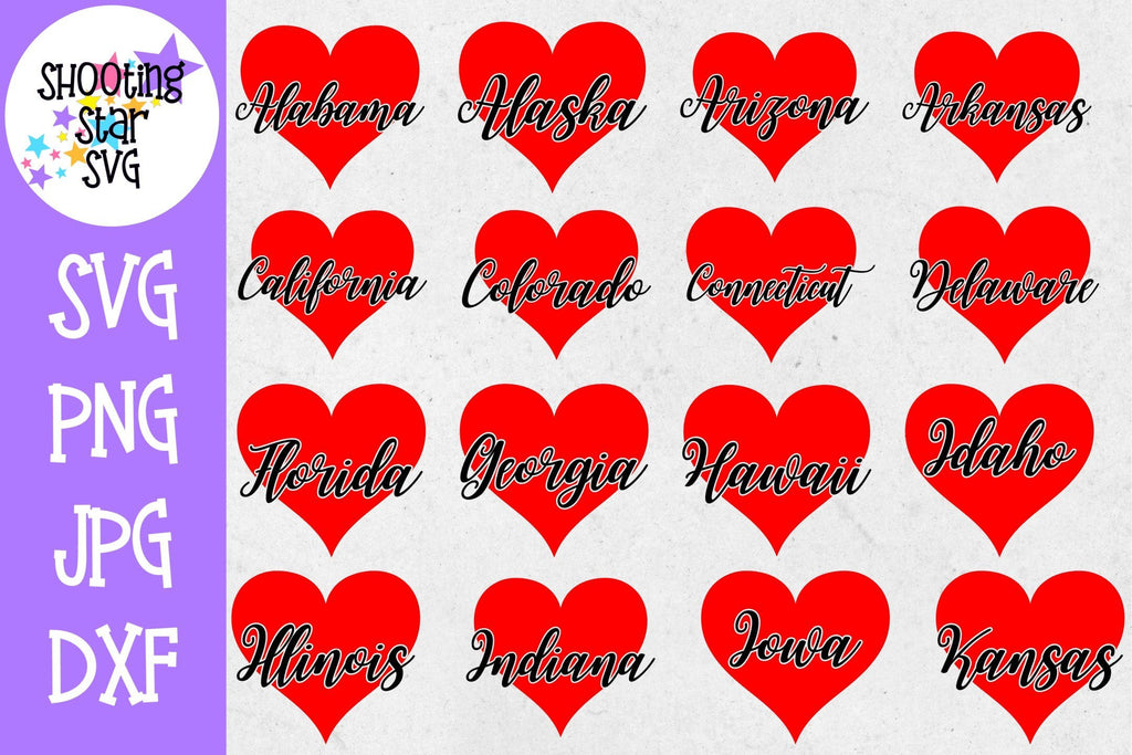 50 States Heart with State Name Bundle - So Fontsy
