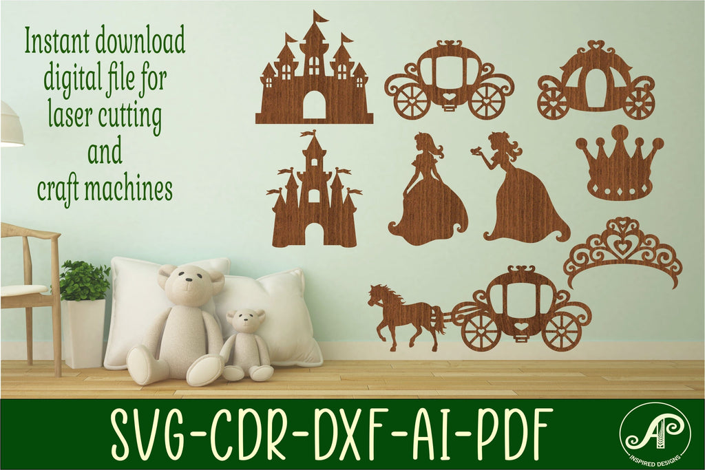 9 Princess theme cut out designs, laser cut file, shapes - So Fontsy