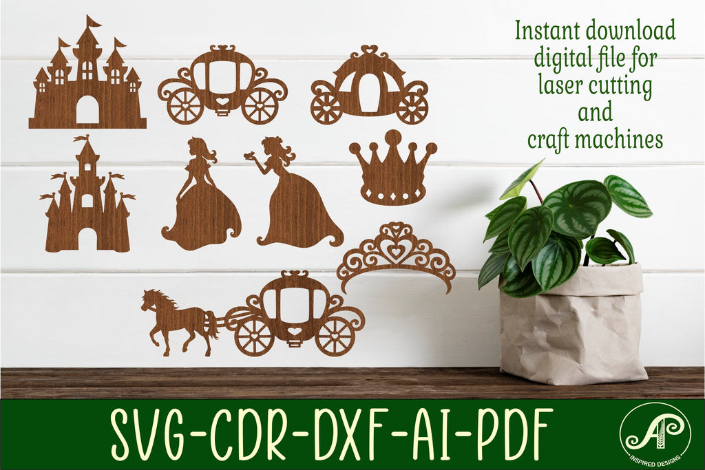 9 Princess theme cut out designs, laser cut file, shapes - So Fontsy