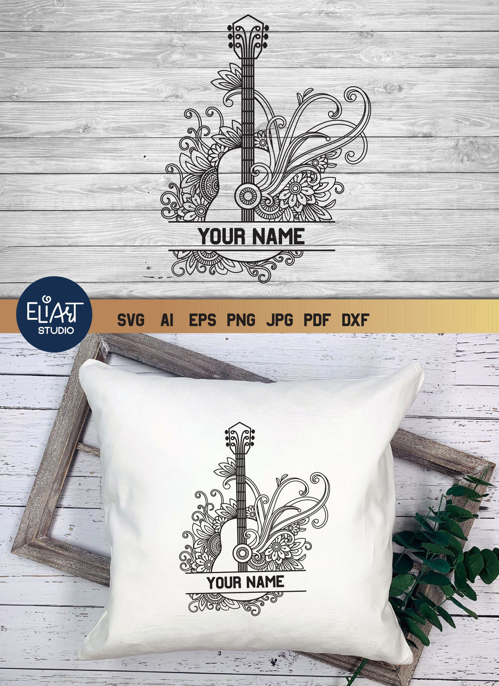 Acoustic Guitar SVG, Music Split Monogram SVG with Flowers. - So Fontsy