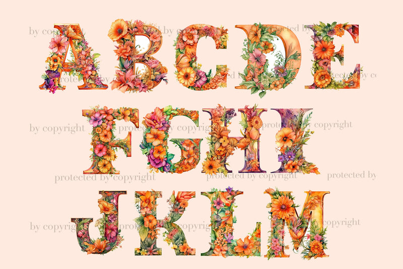 Alphabet Flowers Clipart | Floral Alphabet Lettering - So Fontsy