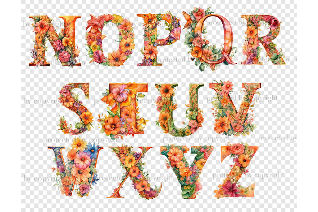 Alphabet Flowers Clipart | Floral Alphabet Lettering - So Fontsy