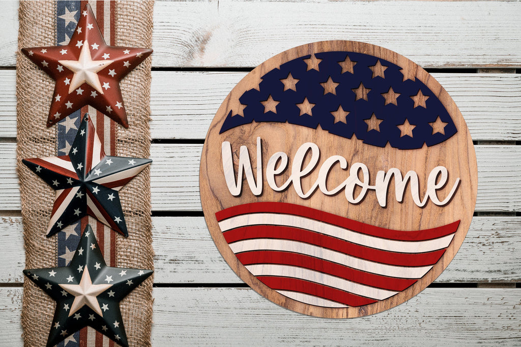 American Flag laser SVG circle welcome sign | Laser cut file - So Fontsy