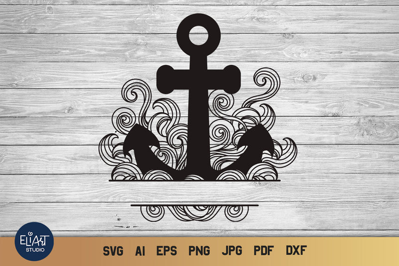 Anchor SVG Monogram, Nautical SVG Split Monogram with Waves. - So Fontsy