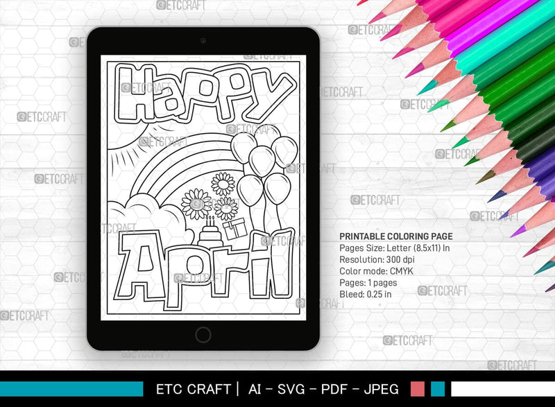 April Month Printable Coloring Page, PDF Colouring Book, Instant ...