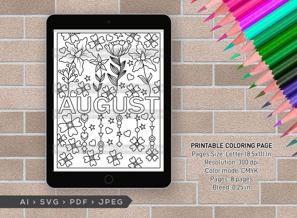 August Month Printable Coloring Page Bundle, PDF Colouring Book ...