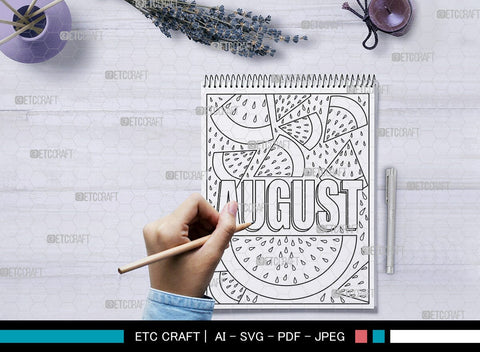 August Month Printable Coloring Page Cut File, PDF Colouring Book ...