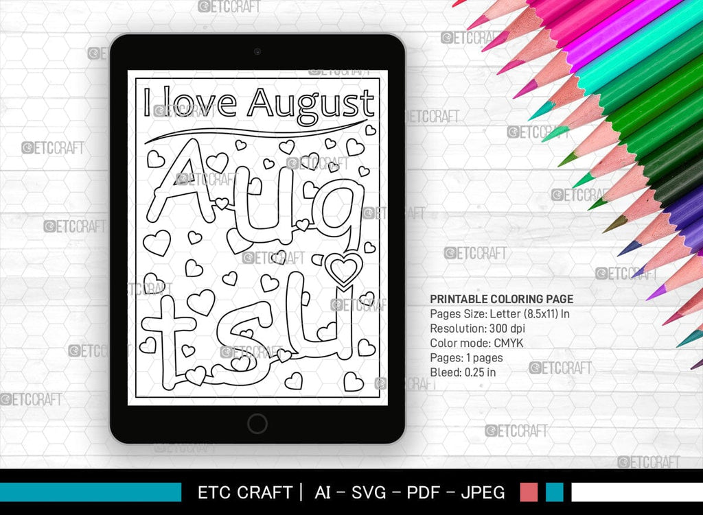 August Month Printable Coloring Page Cut File, PDF Colouring Book ...