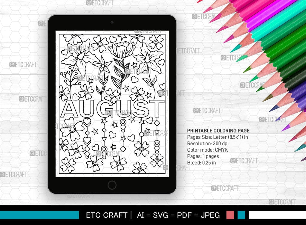 August Month Printable Coloring Page Cut File, PDF Colouring Book ...