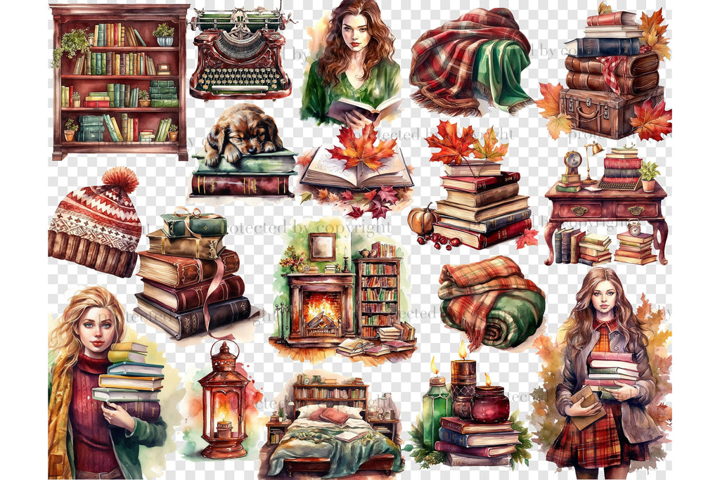 Autumn Clipart Bundle | Reading Illustrations Collection - So Fontsy