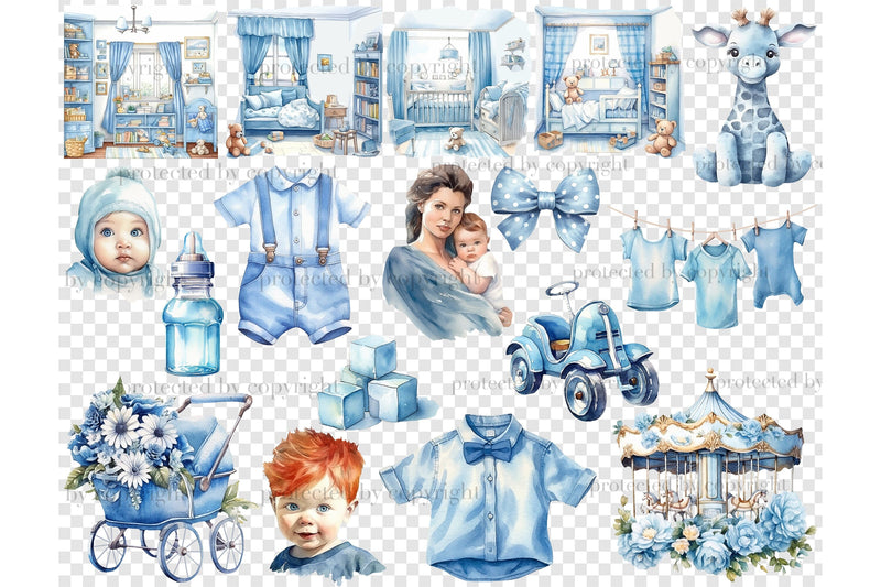 Baby Boy Clipart Bundle | Blue Baby Clipart Set - So Fontsy