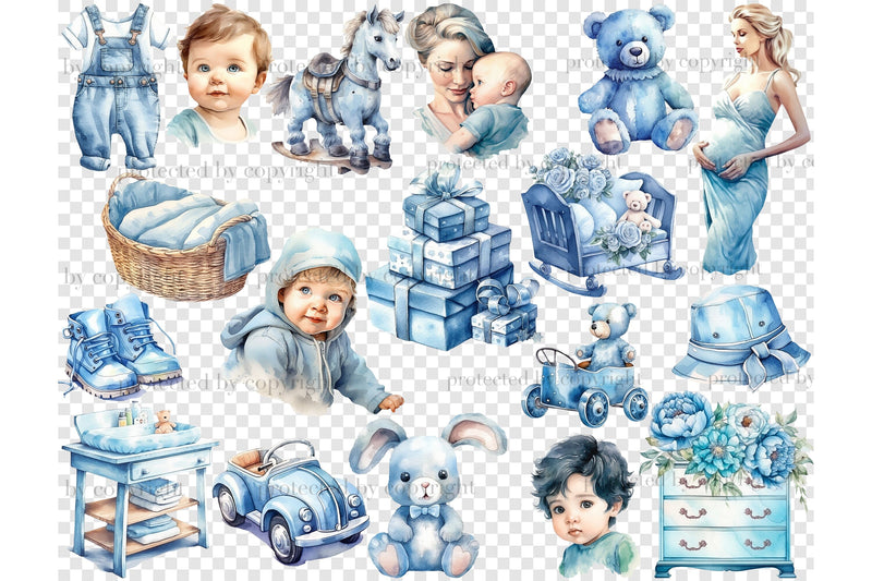 Baby Boy Clipart Bundle | Blue Baby Clipart Set - So Fontsy