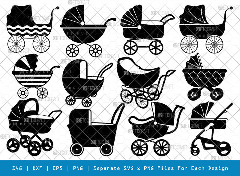 Baby Carriage SVG Bundle, Baby Carriage Silhouette, Pram Svg, Stroller ...