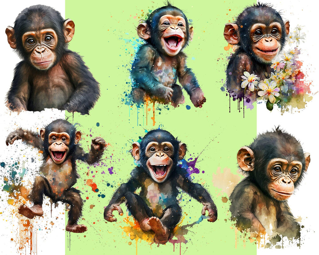 Baby Chimp Watercolor, Playful, Happy, Smiling, PNG - So Fontsy