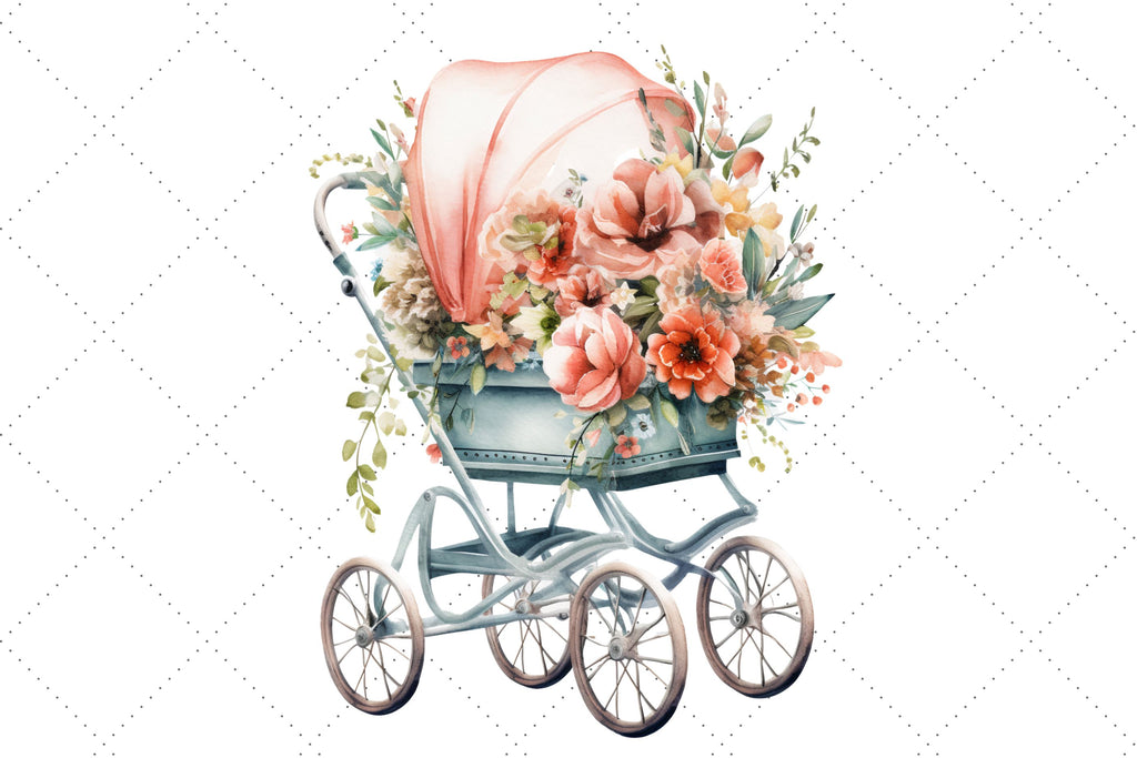 Baby Stroller Flower Watercolor Clipart Bundle, Sublimation, Floral ...