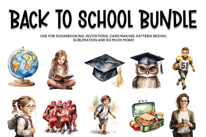 Back To School Clipart, Watercolor School Clipart Bundle - So Fontsy