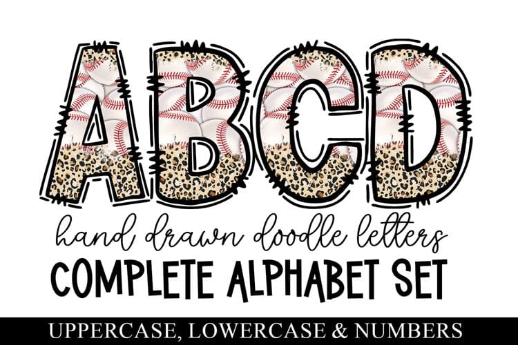 Baseball Doodle Letters, Baseball Sublimation Alphabet Set - So Fontsy