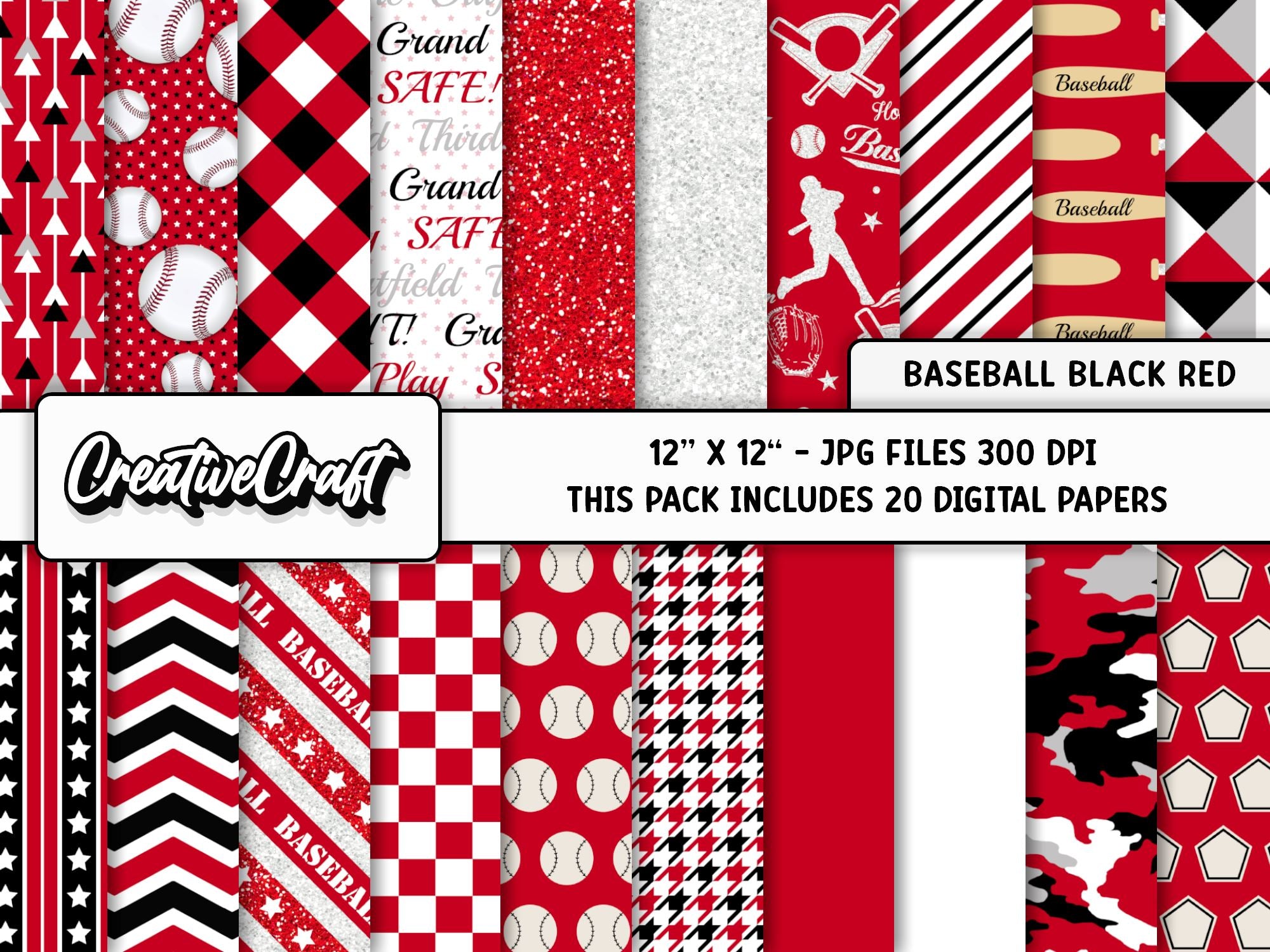 Baseball Sport Digital Papers, scrapbook backgrounds designs - So Fontsy