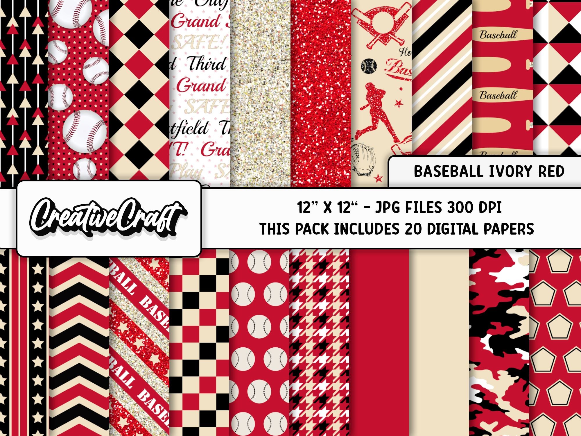 Baseball Sport Digital Papers, scrapbook backgrounds designs - So Fontsy