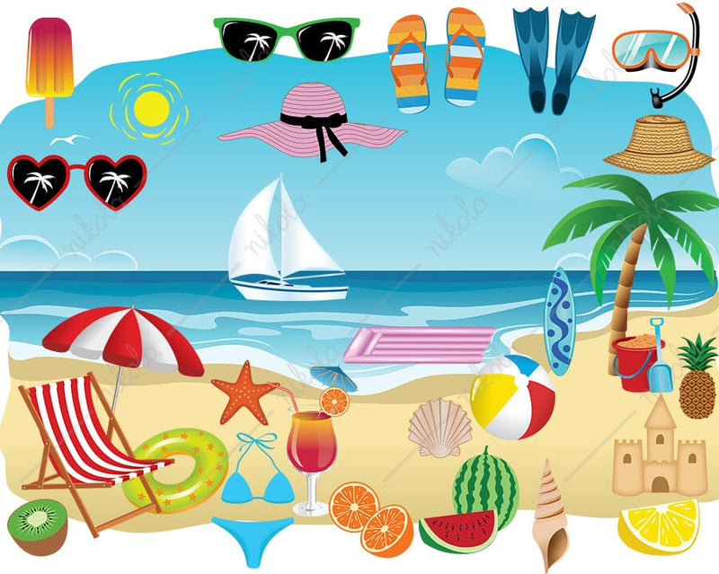 Beach Bundle, Clipart Set, Summer, Tropical, PNG, Sea, Ocean, Palm Tree ...