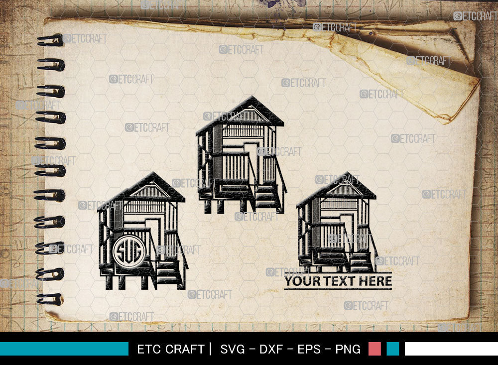 Beach Hut Monogram, Beach Huts Silhouette, Beach Huts SVG, Bamboo House ...