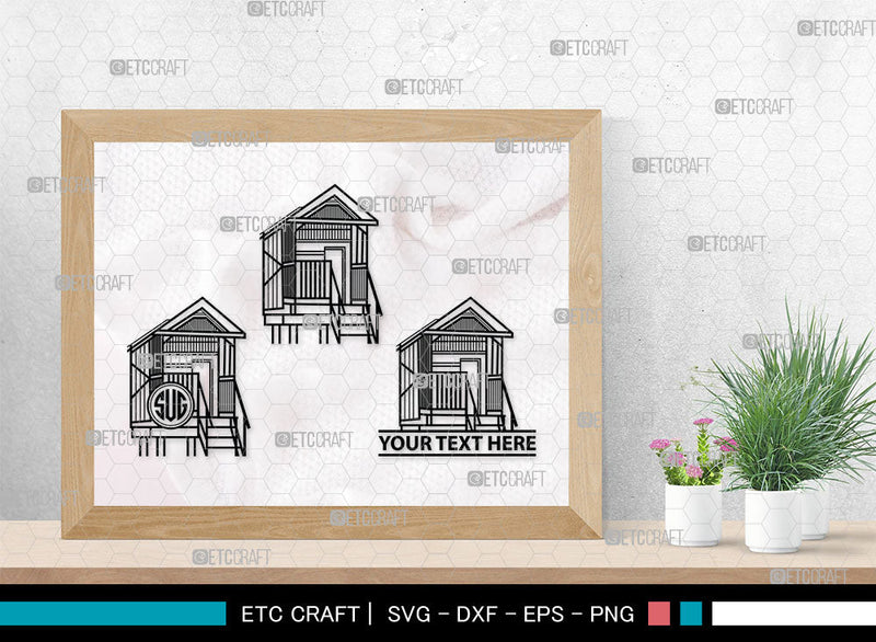 Beach Hut Monogram, Beach Huts Silhouette, Beach Huts SVG, Bamboo House ...