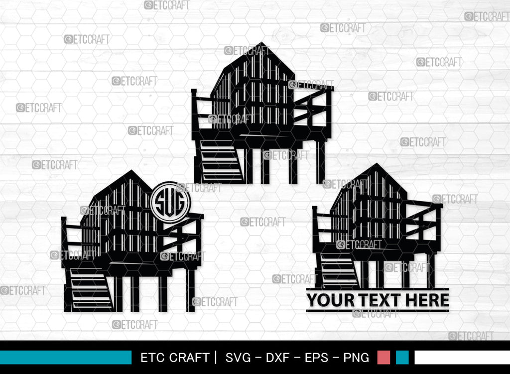 Beach Hut Monogram, Beach Huts Silhouette, Beach Huts SVG, Bamboo House ...