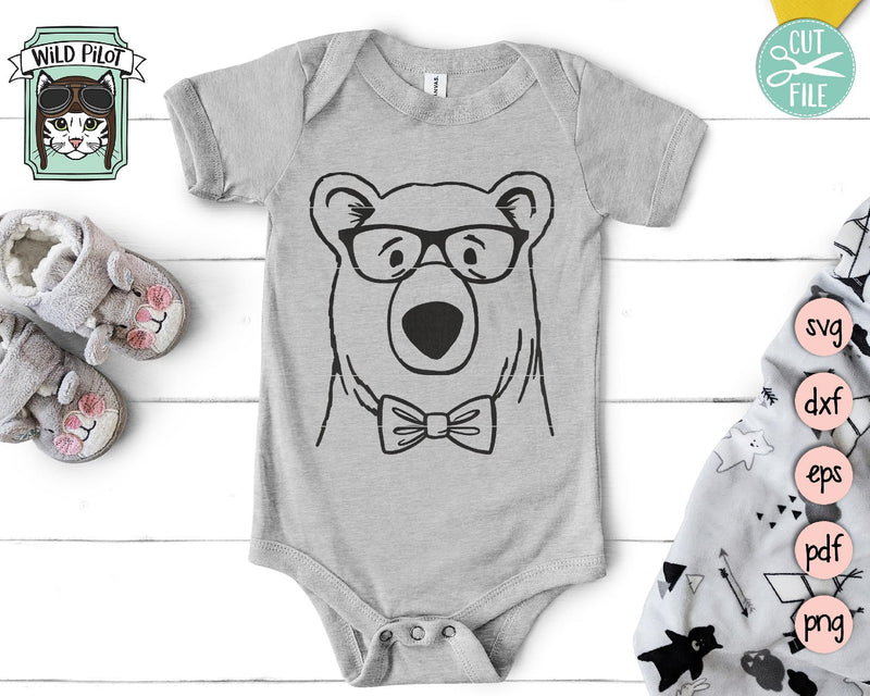 Bear With Glasses Bowtie SVG Cut File - So Fontsy