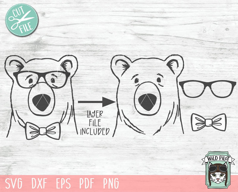 Bear With Glasses Bowtie SVG Cut File - So Fontsy