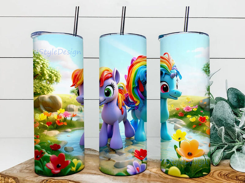 Beautiful Rainbow Colors Two Cute Cartoon Ponies 20oz Skinny Tumbler ...