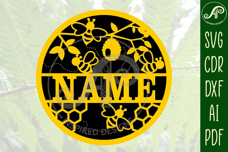 Bee theme Name sign svg laser cut template - So Fontsy