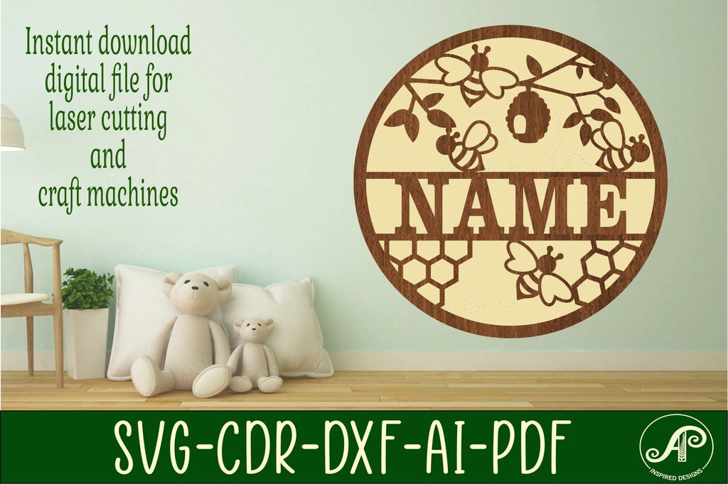 Bee theme Name sign svg laser cut template - So Fontsy