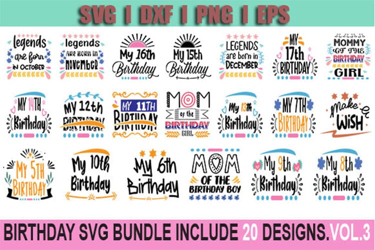 BIRTHDAY SVG BUNDLE INCLUDE 20 DESIGNS.VOL.3 - So Fontsy
