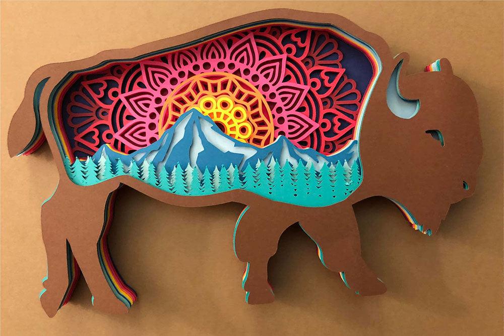 Bison Mountain sunset 3d mandala SVG, 3d Layered american bison svg ...