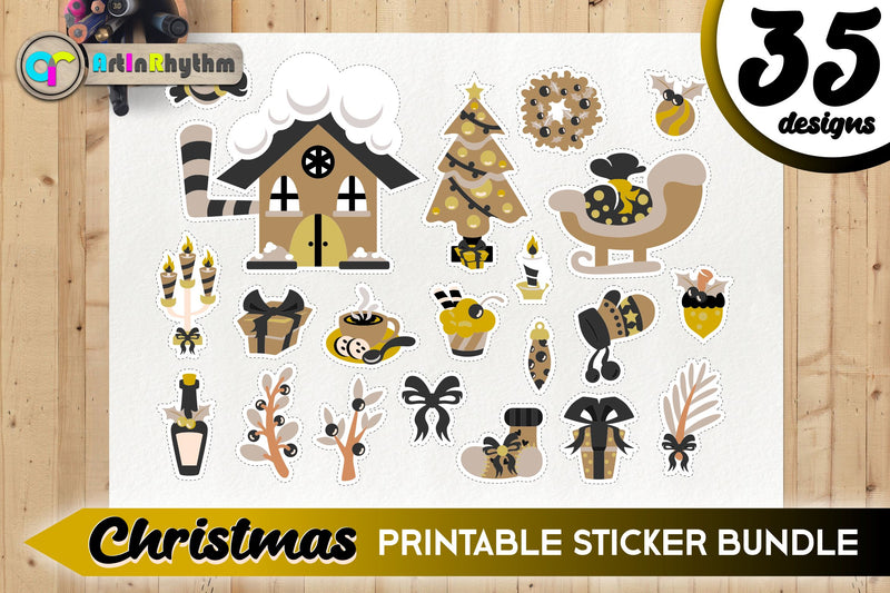 Black and Gold Christmas Sticker Bundle / Printable PNG Clipart - So Fontsy