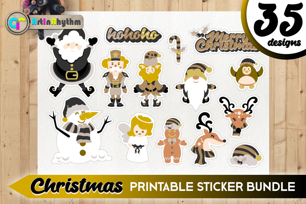Black and Gold Christmas Sticker Bundle / Printable PNG Clipart - So Fontsy